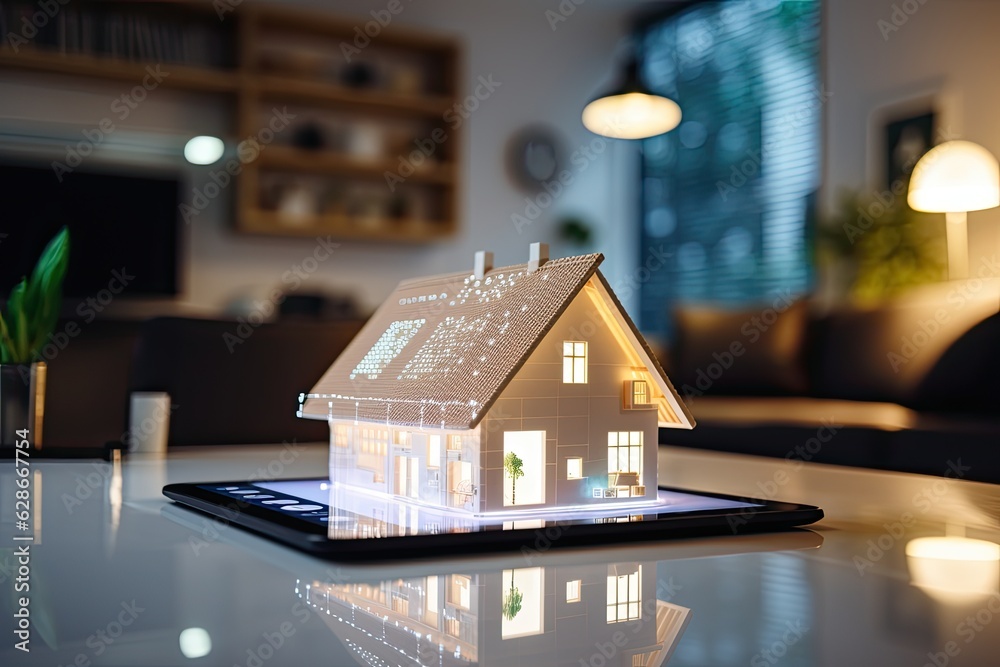 The screen tablet displays a miniature model of a house with icons ...