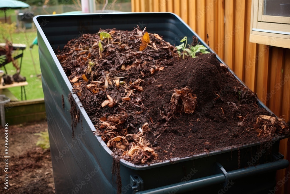 vermicomposting bin filled with rich, dark compost material Stock Photo ...