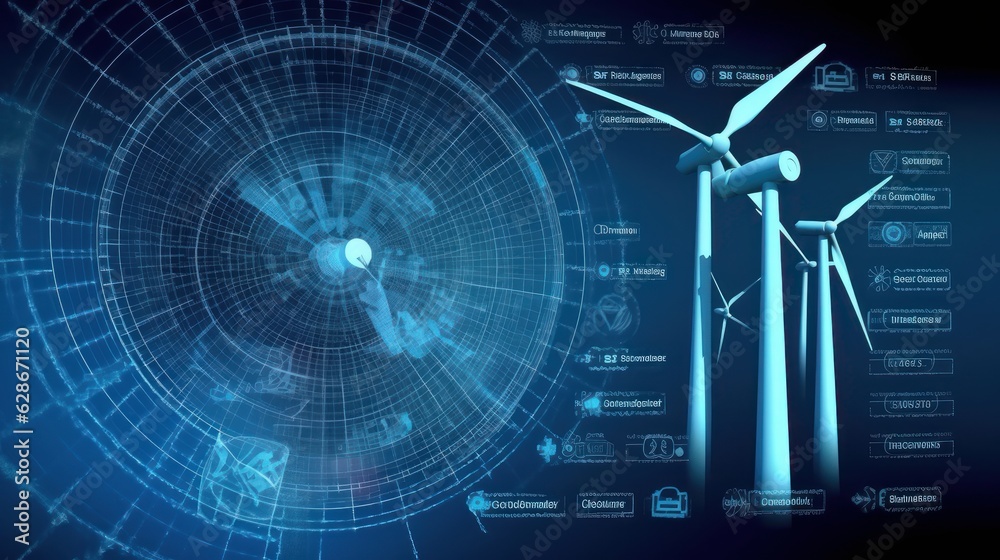 Graphic Image Of Windmills Against The Background Of A Diagram Of