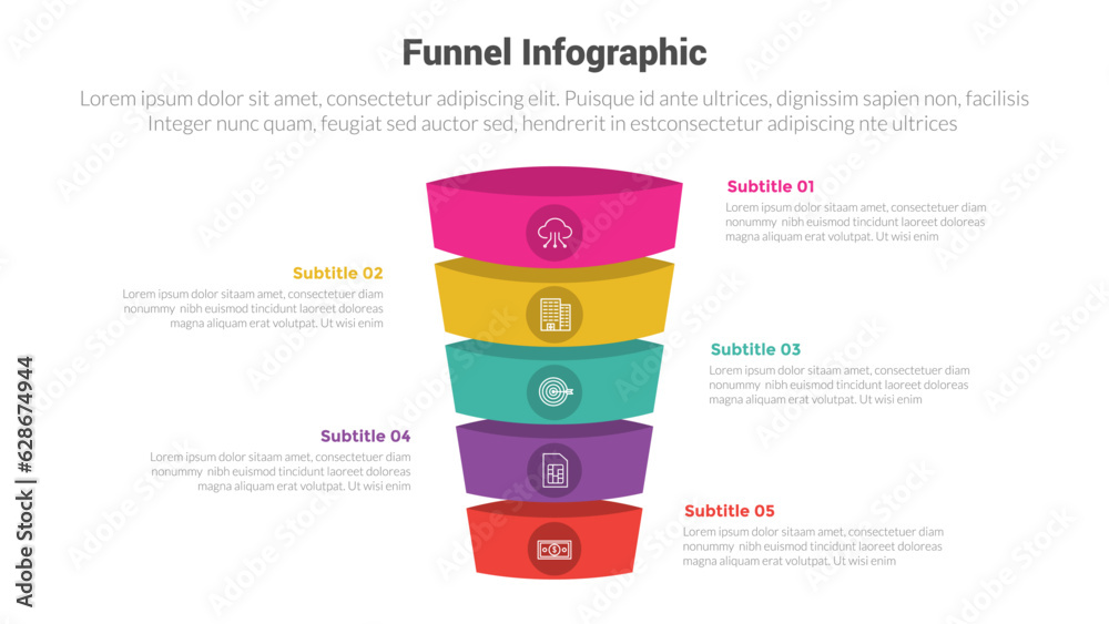 funnel shape infographics template diagram with 3d vertical shape ...