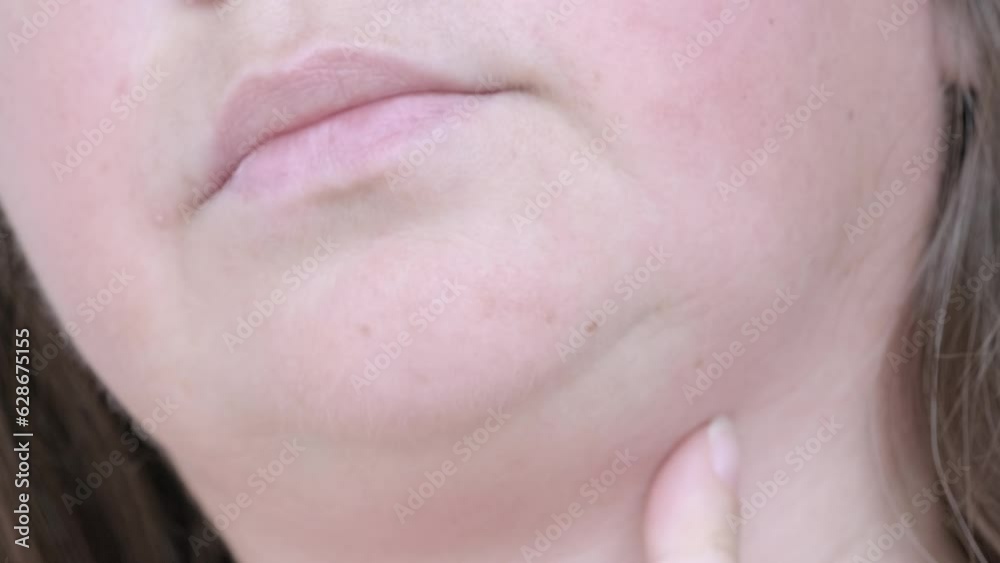 close up part face mature woman 55 years old, human fat neck, side view ...
