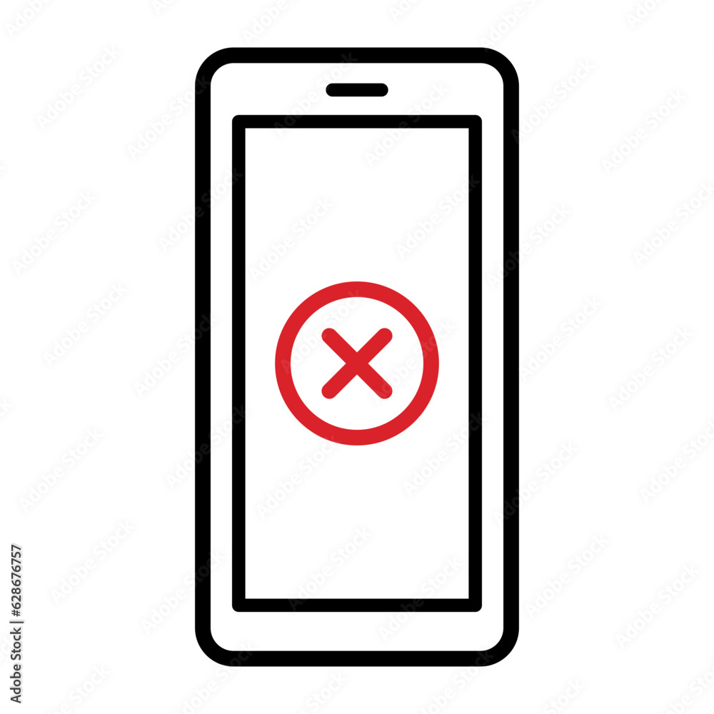 Black single phone with red x line icon, failed transaction digital ...
