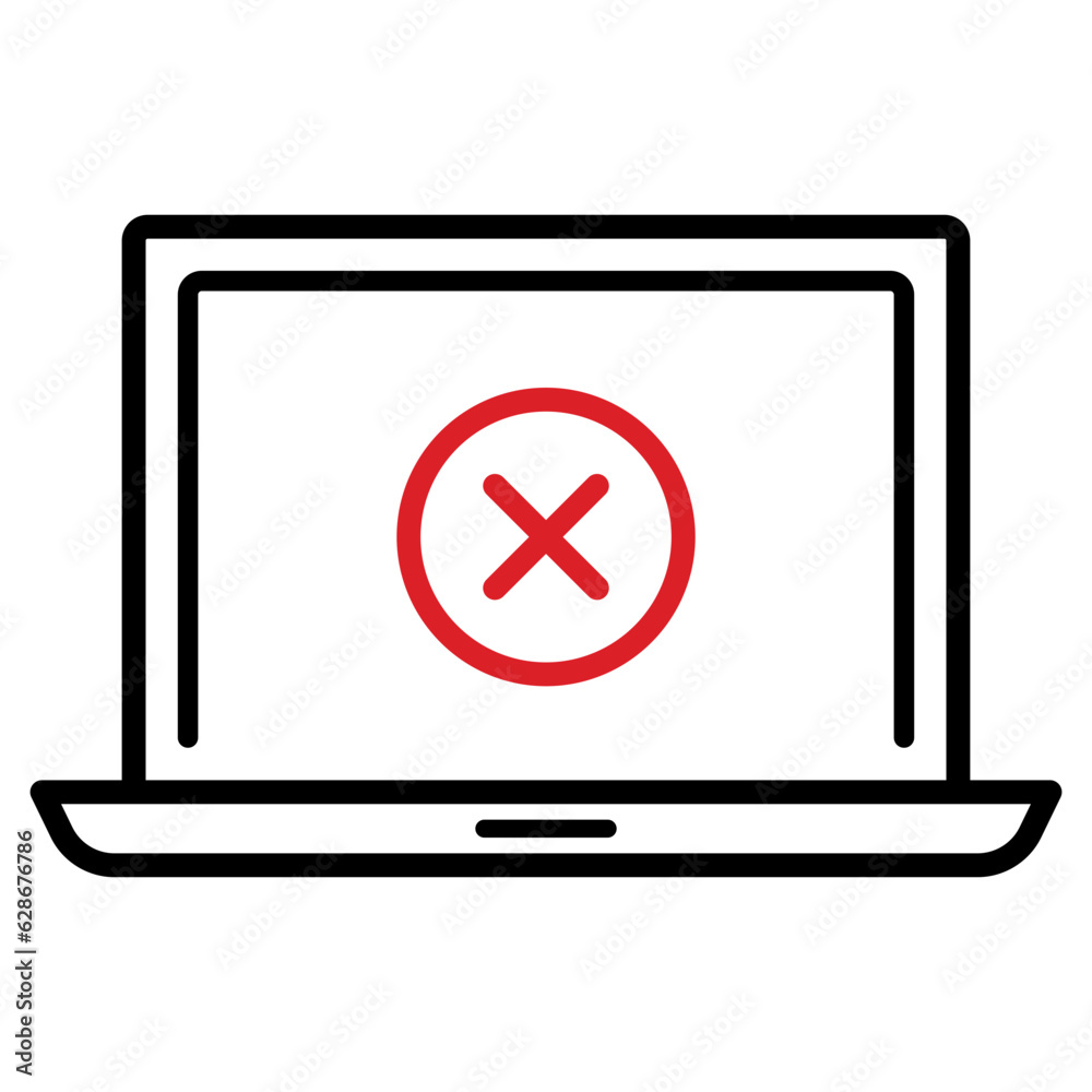 Black single laptop with red cross x line icon, simple failed system ...