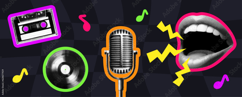 music collage set with audio cassette vintage microphone singing mouth ...