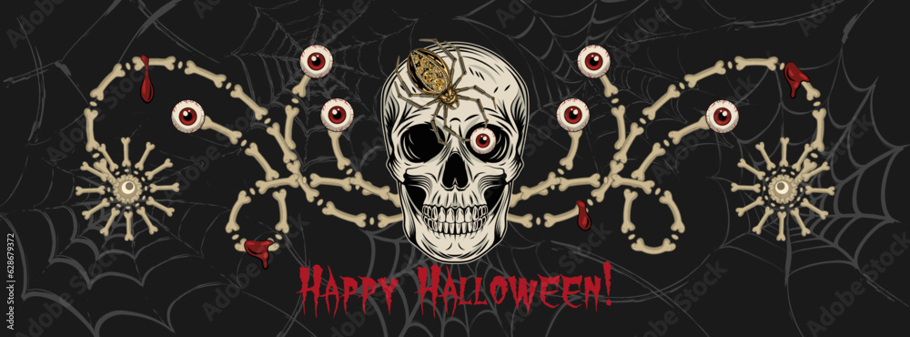 Halloween banner, border with human skull, spider, bones, creepy red ...