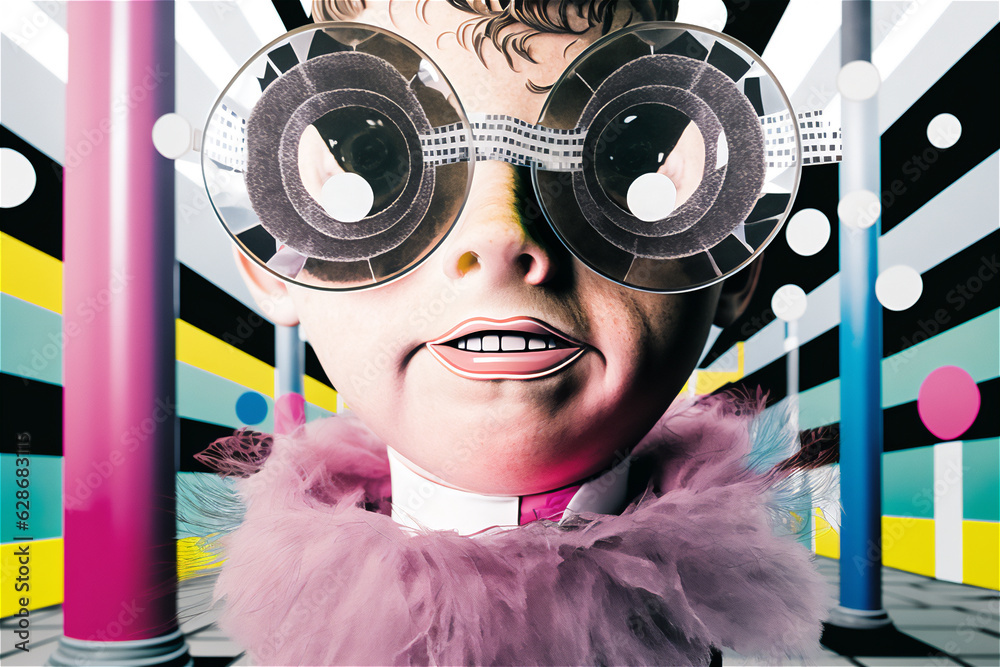 an imaginary head with pink blond and purple feathers on the neck, in ...