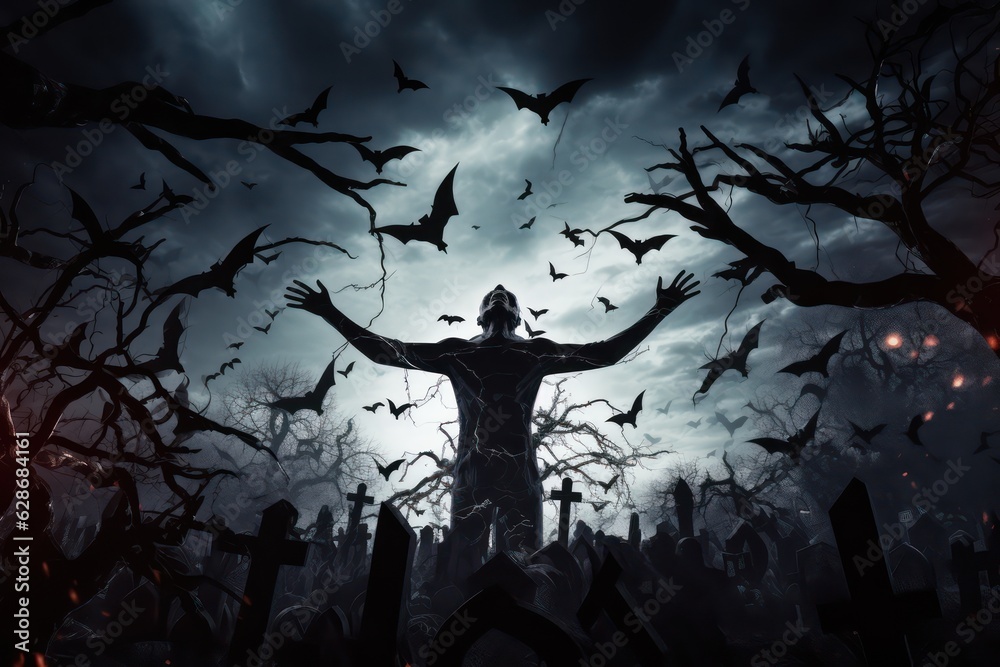 Zombie Rising Out Of A Graveyard cemetery In Spooky scary dark Night ...
