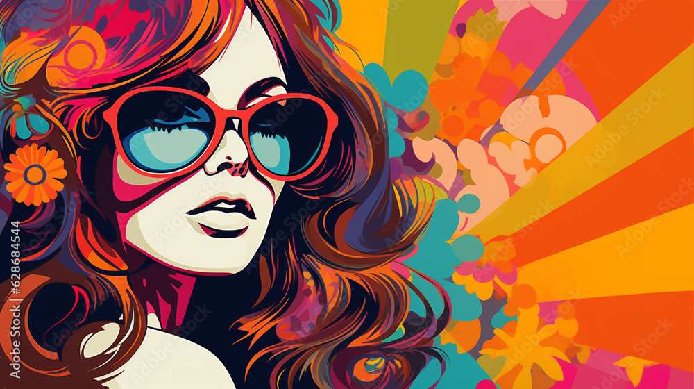 Hippie girl in pop art comic style, retro hippie woman with blonde hair ...