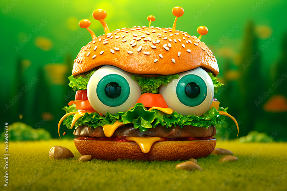 Crazy burger with eyes on summer green background. Generative AI ...