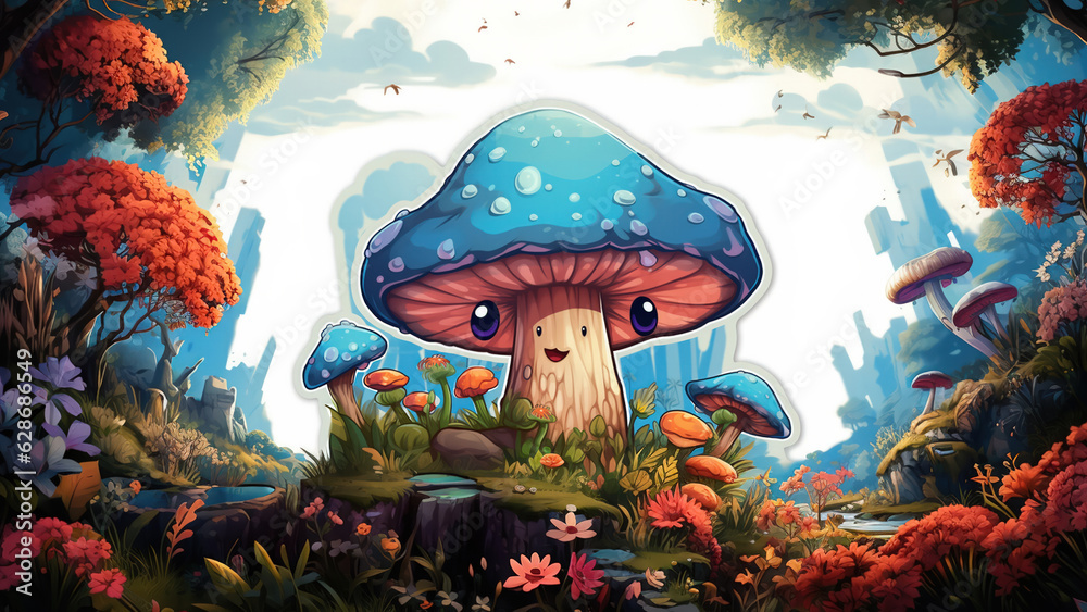 A colorful cartoon-style large mushroom, sporting a blue mushroom made ...