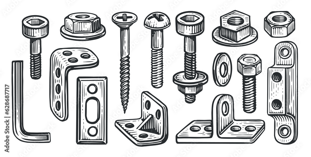 Hardware collection vector. Set of steel bolts and nuts, screw, dowel ...