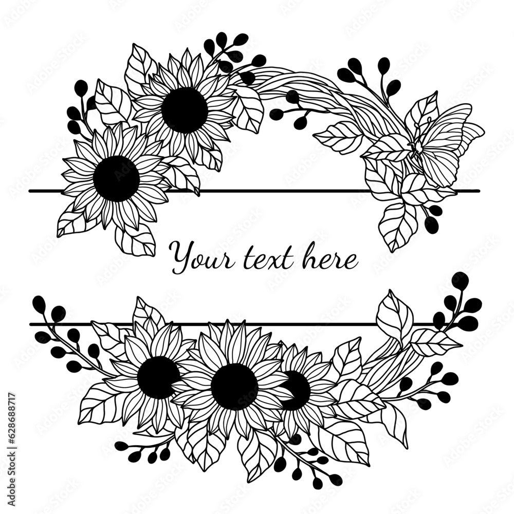 Hand-drawn Sunflower Frame, Floral Split Monogram, Sunflower Garland ...