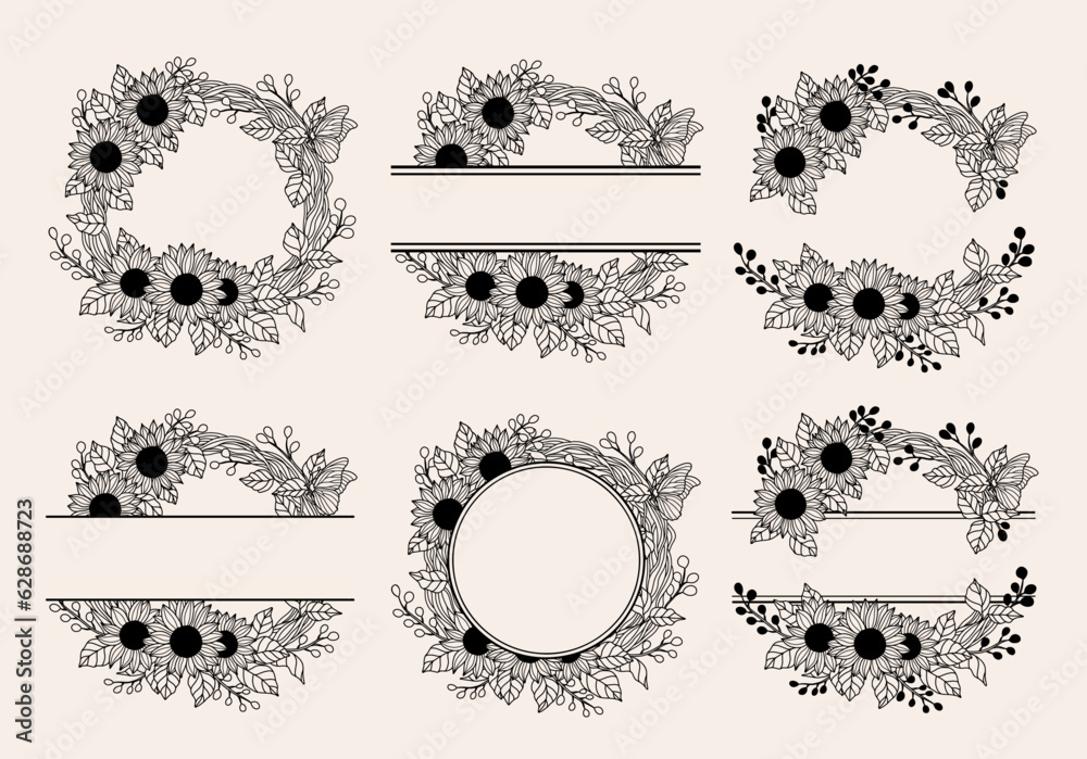 Sunflower Frames Collection, Floral Split Monogram, Sunflower Garlands ...