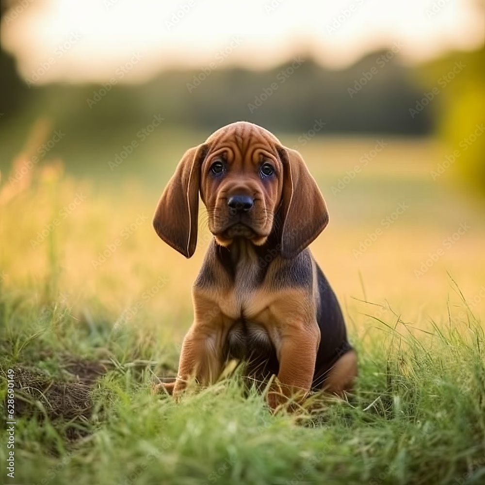 Bloodhound puppy sitting on the green meadow in summer green field ...