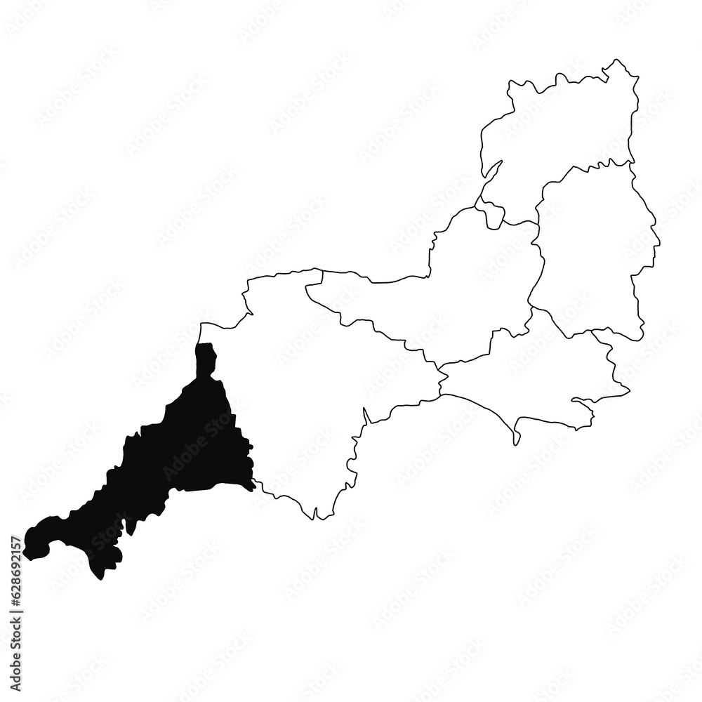 Map of Cornwall in South West England province on white background ...