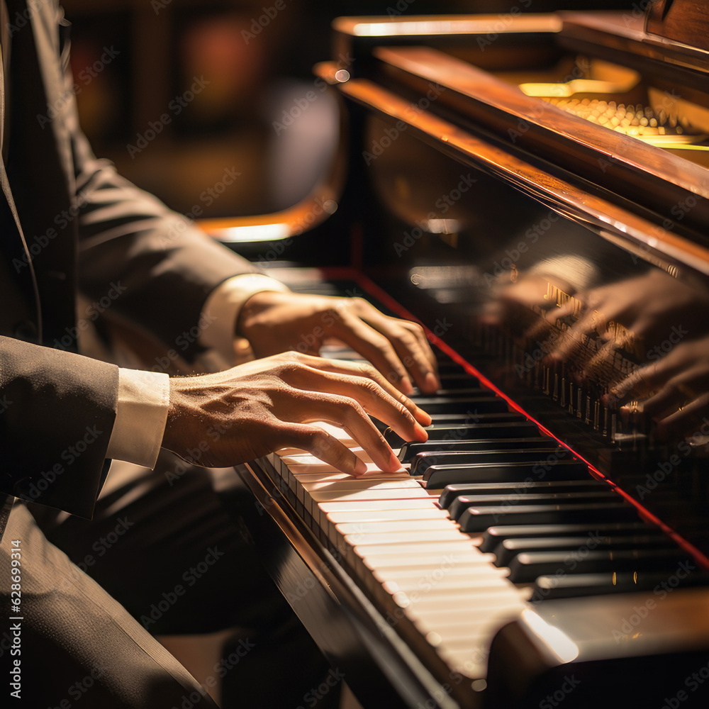 pianist playing the grand piano and playing notes in the middle ...