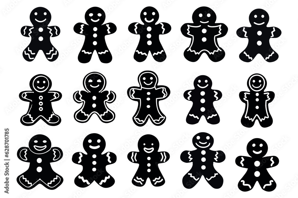 Gingerbread man black silhouette on transparent background, vector set ...