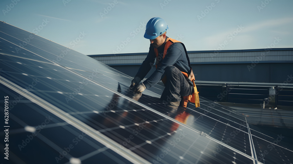 A handyman installing solar panels on the rooftop. Solar power engineer ...