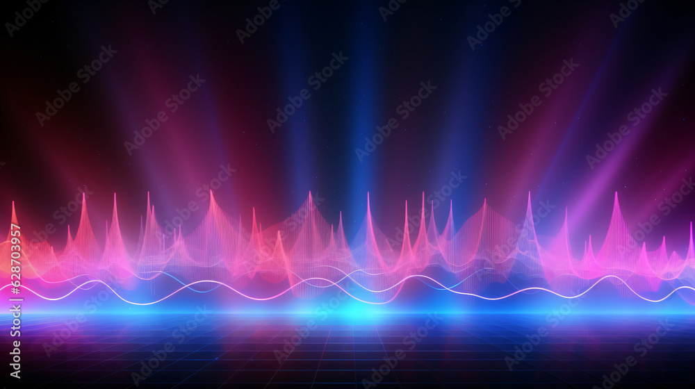 abstract background with blue and purple wave lines and sound waveform ...