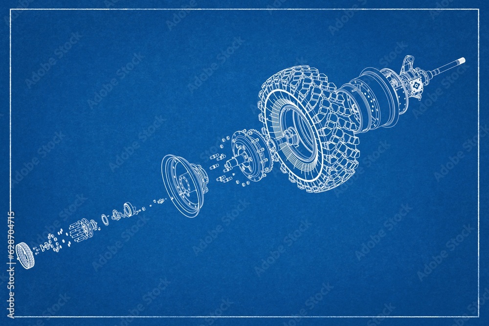 3D design of a wheel hub and automotive suspension with exploded view ...