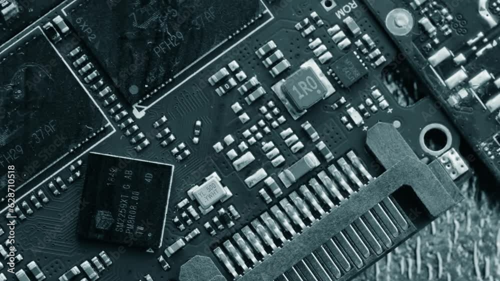 Chips and microcircuits background, different types circuits in black ...