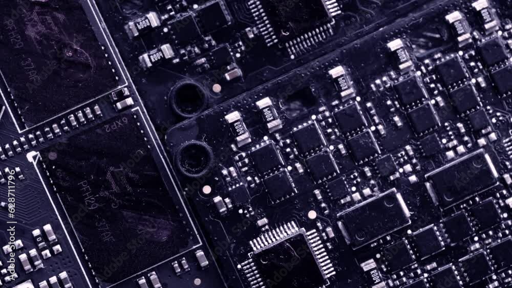 Chips and microcircuits background, different types circuits in dark ...