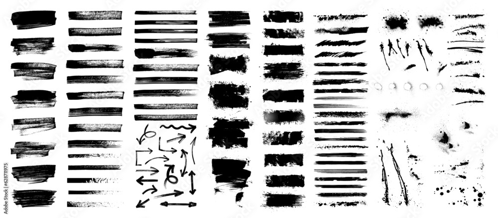 Stencil grunge brushstroke and paint brush with splashes. Dirty ...