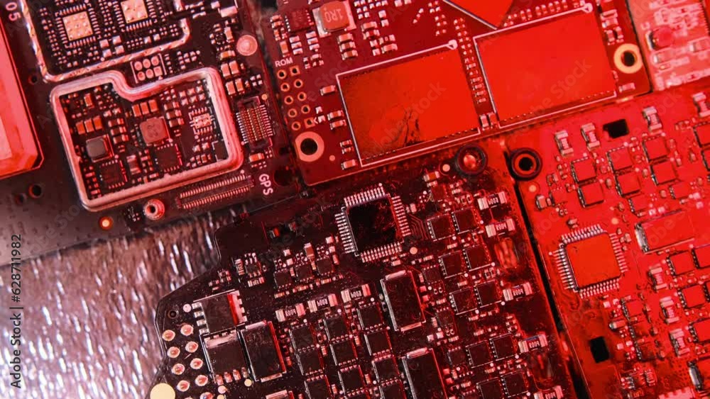 Microchips top view alarming flashing neon light, CPU processor ...