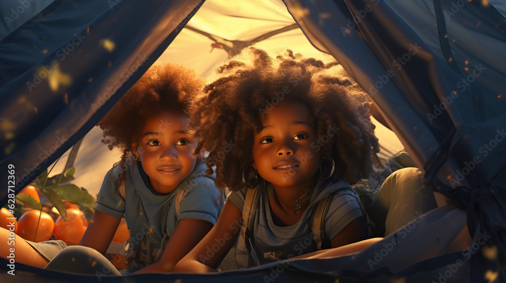 Two African American Children Camping in Tent in the Backyard. Brother ...