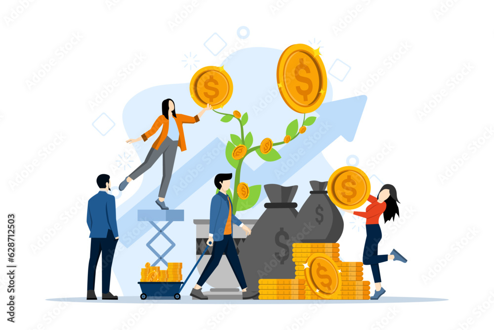 Money tree concept with tiny characters. Businessman working with ...