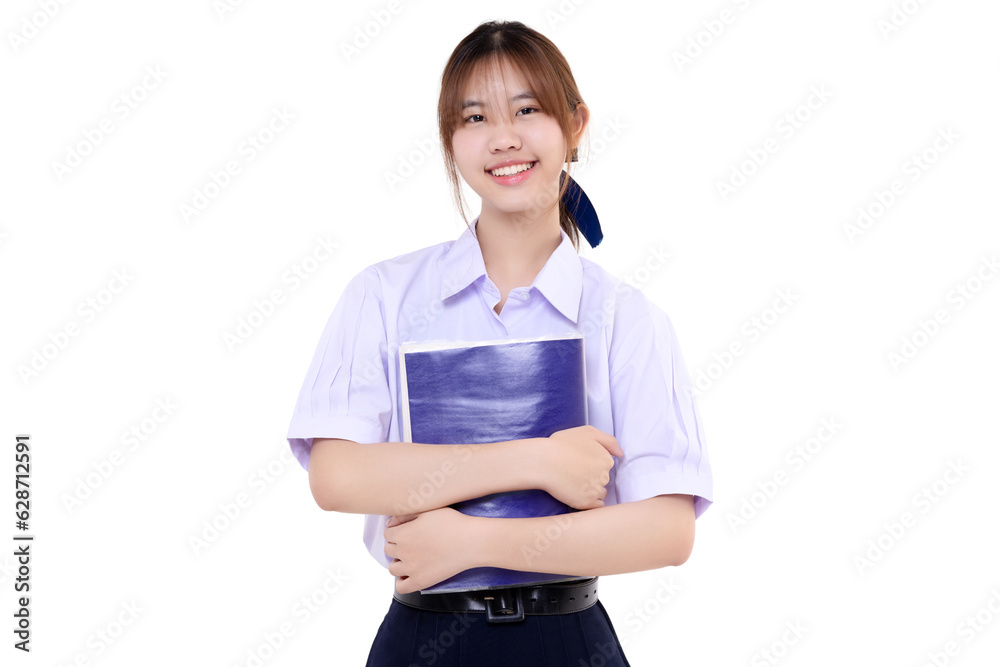 Happy asian student in school uniform holding book isolated on white ...