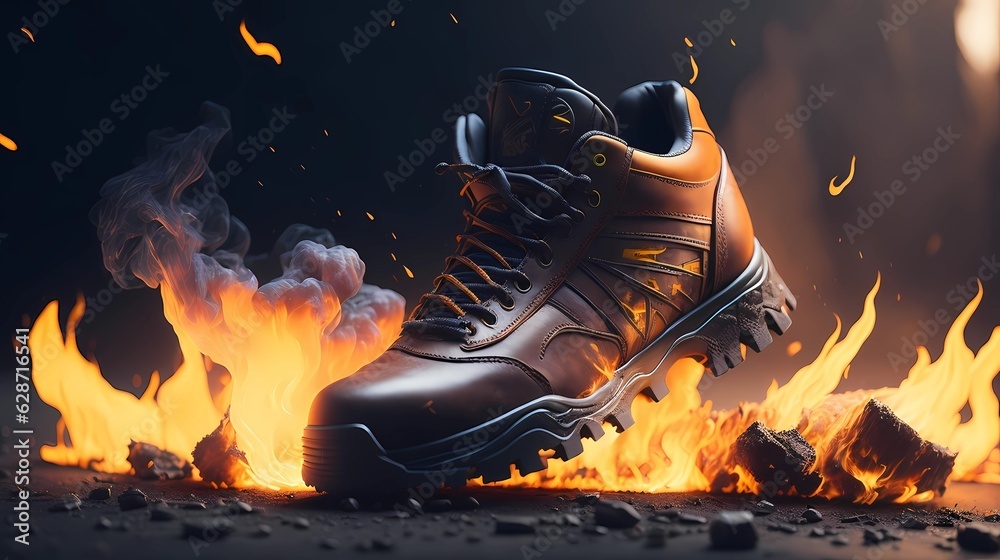 safety shoes on fire image art illustration, generative Ai art Stock ...