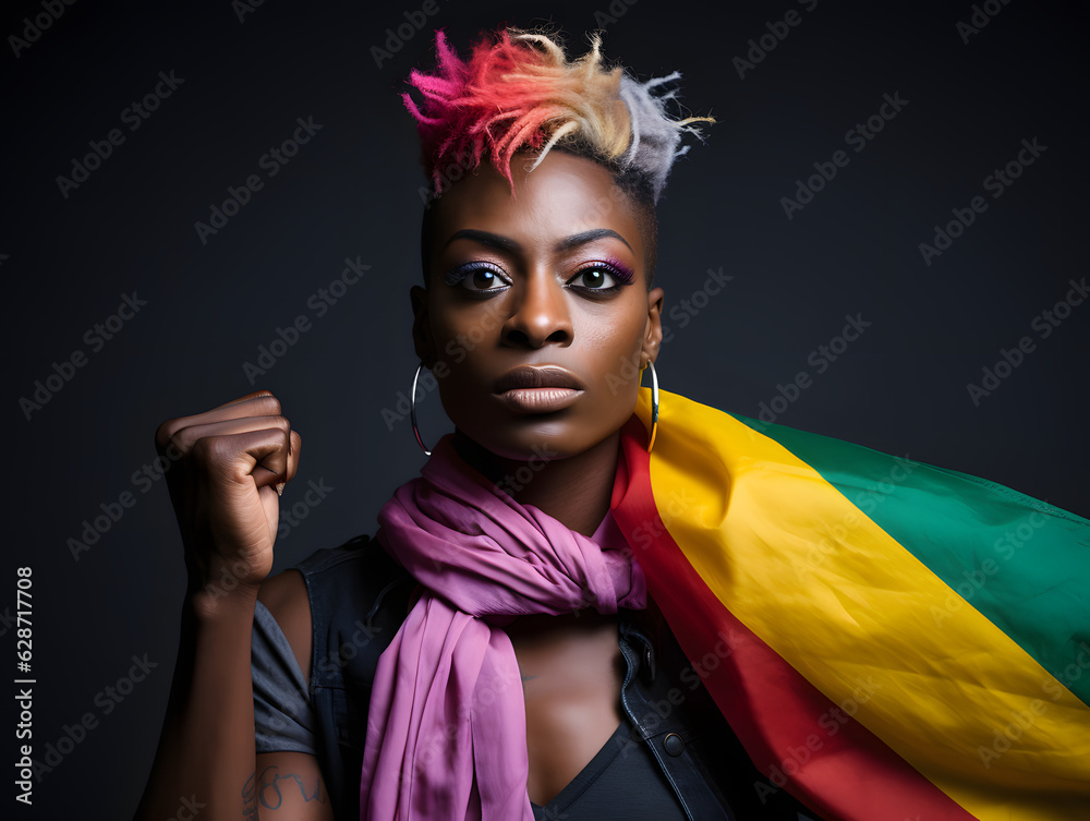 portrait of a person with a flag of LGBTQ+ Rights at a Pride Diversity ...