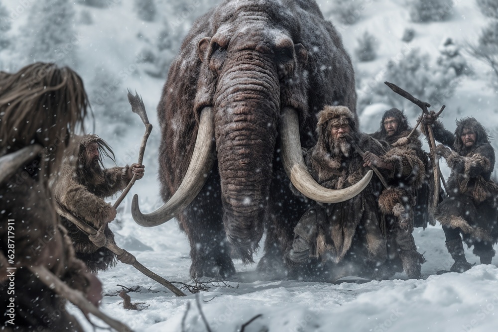 group of neanderthal cavemen hunting a mammoth on winter, snow and cold ...