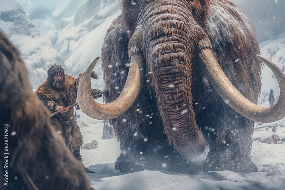 group of neanderthal cavemen hunting a mammoth on winter, snow and cold ...