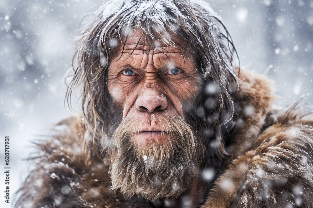 potrait of a homo habilis man or male neandertal caveman on winter with ...