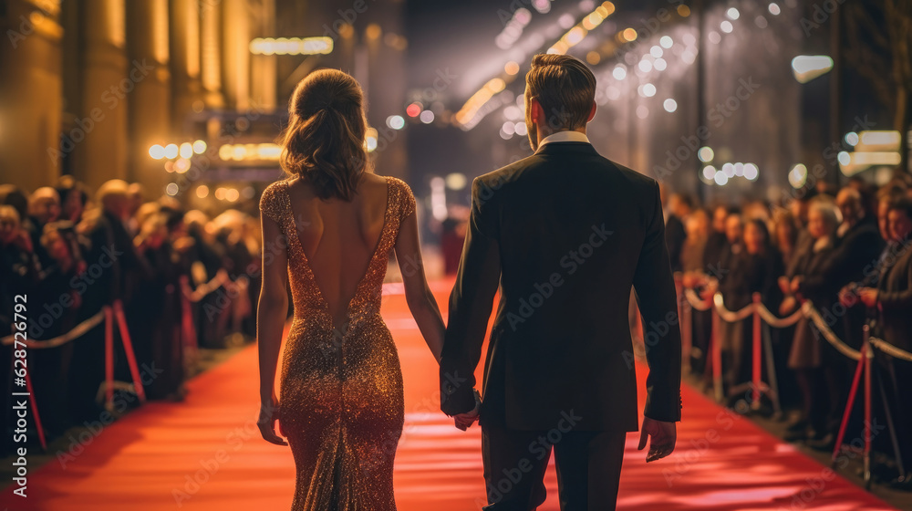 The back view of a glamorous woman and her dapper husband, elegantly ...