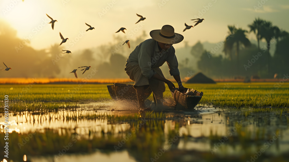 Modern rice planting method, the farmer unrolls the rice so that the ...