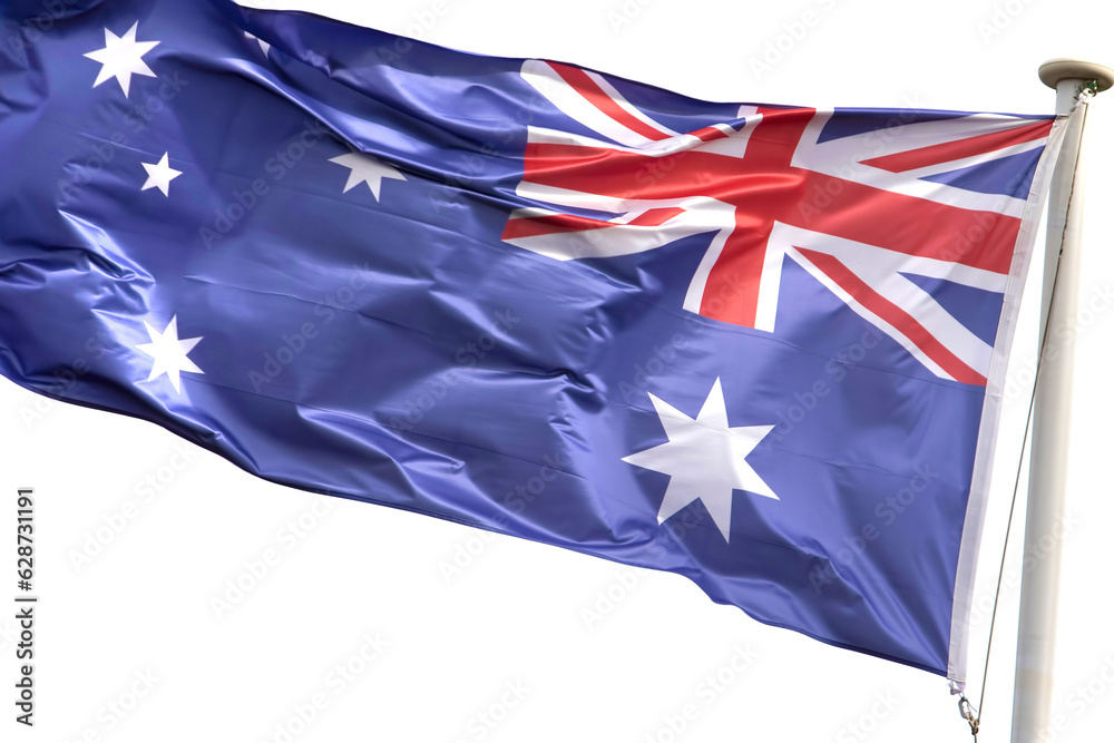 Australian flag waves proudly against a pristine white background ...