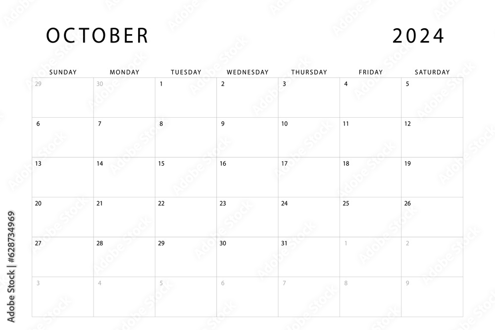 October 2024 calendar. Monthly planner template. Sunday start. Vector ...