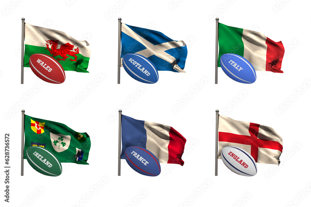 Digital png illustration of rugby balls with flags on transparent ...
