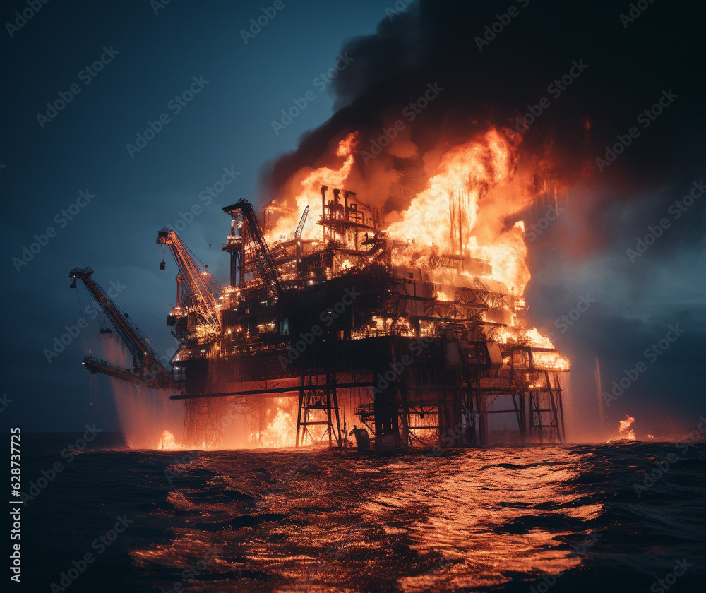 Flaming Horizon: Offshore Oil Rig in Crisis, Generative AI Stock ...