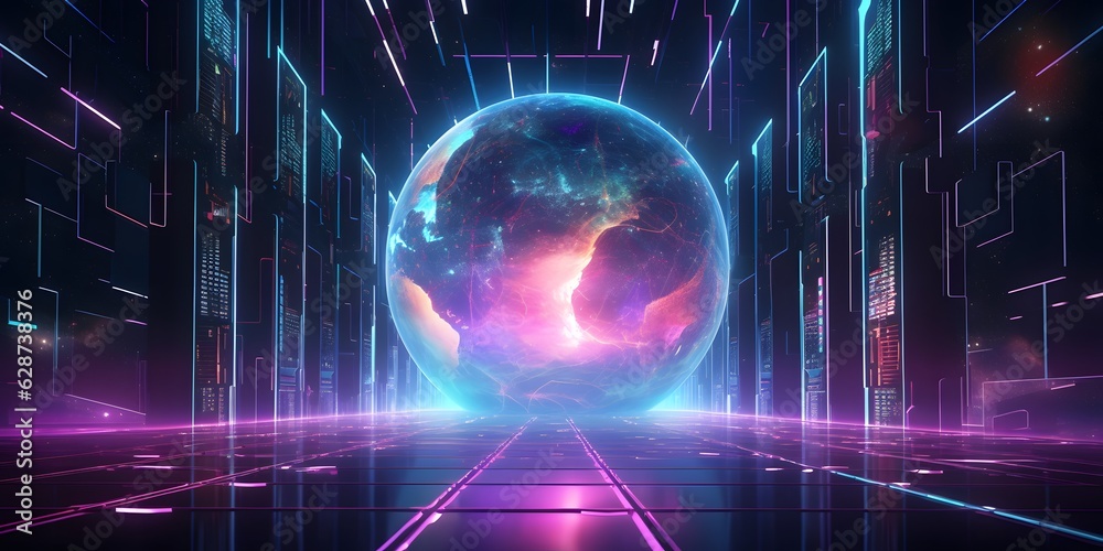 Metaverse digital world cyber space background, neon colorful global ...
