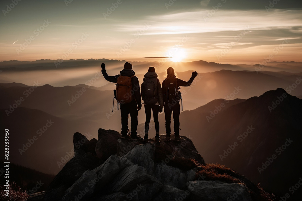 Three friends standing with trekking poles on cliff edge, looking at ...