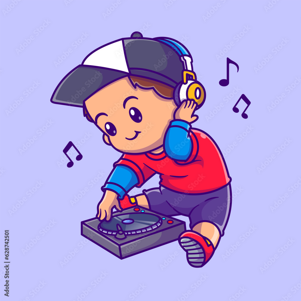 Cute Boy Playing DJ Music Cartoon Vector Icon Illustration. People ...