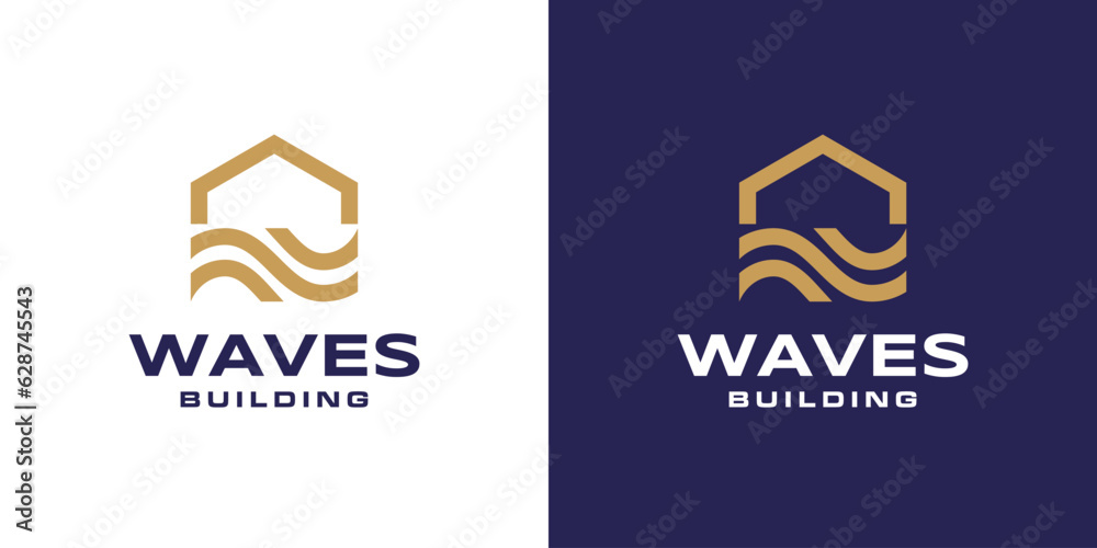 Vetor de Waves Building Logo Simple Monoline Style. Home + Wave Shape ...
