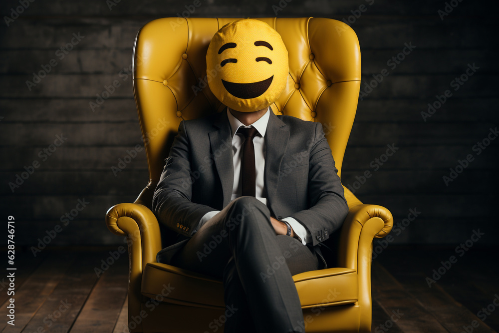 Foto de Businessman sits in chair in suit. With yellow smiling emoji or ...