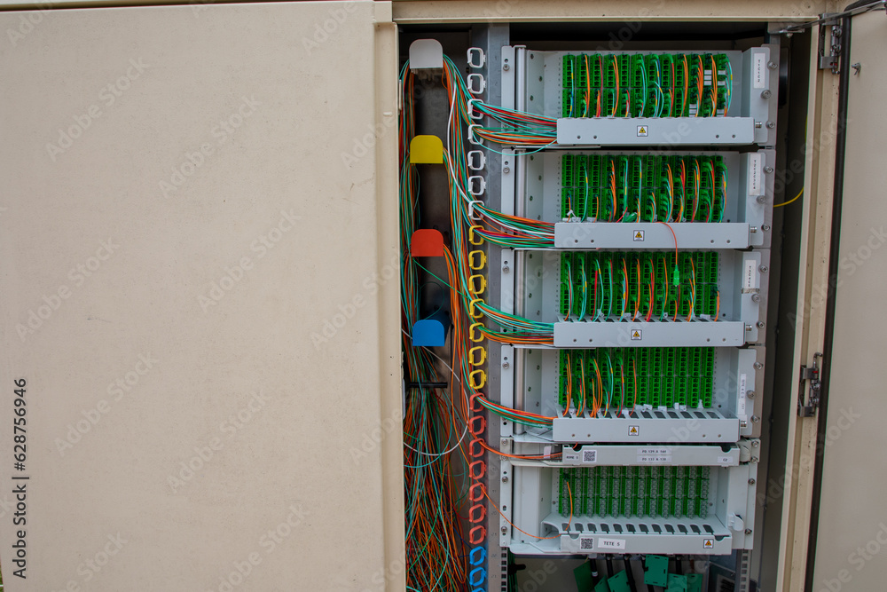 fiber network street box landline telephone wires switchboard ...