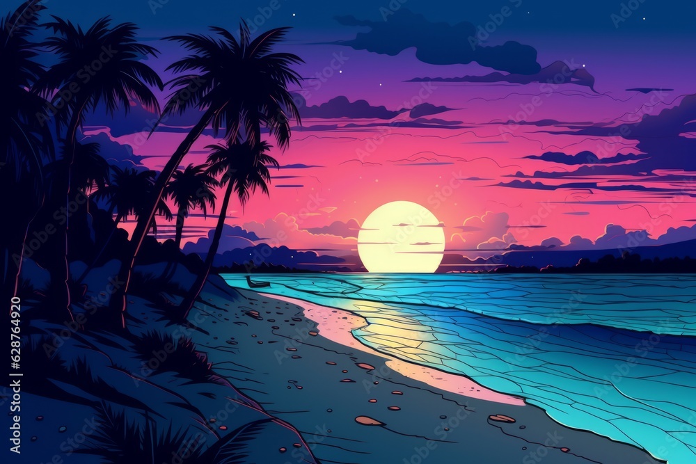 Colorized Drawing of a Tropical Twilight Beachscape Stock Illustration ...