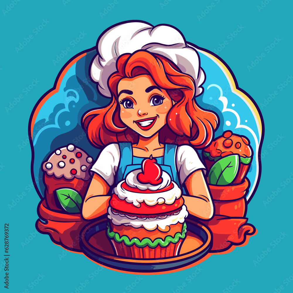 Cute girl confectioner smiling decorates a baked cake. Cartoon vector ...